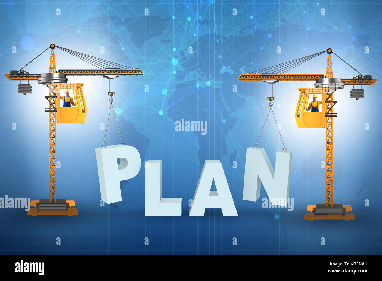 Plan and strategy concept with crane lifting letters Stock Photo - Alamy
