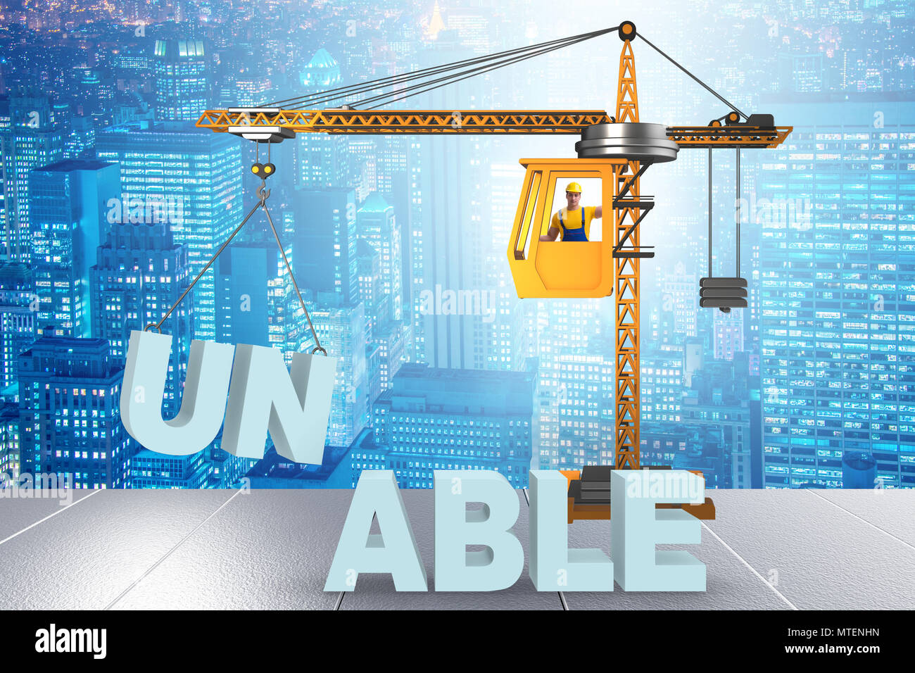 Unable turning into able concept with crane and words Stock Photo - Alamy