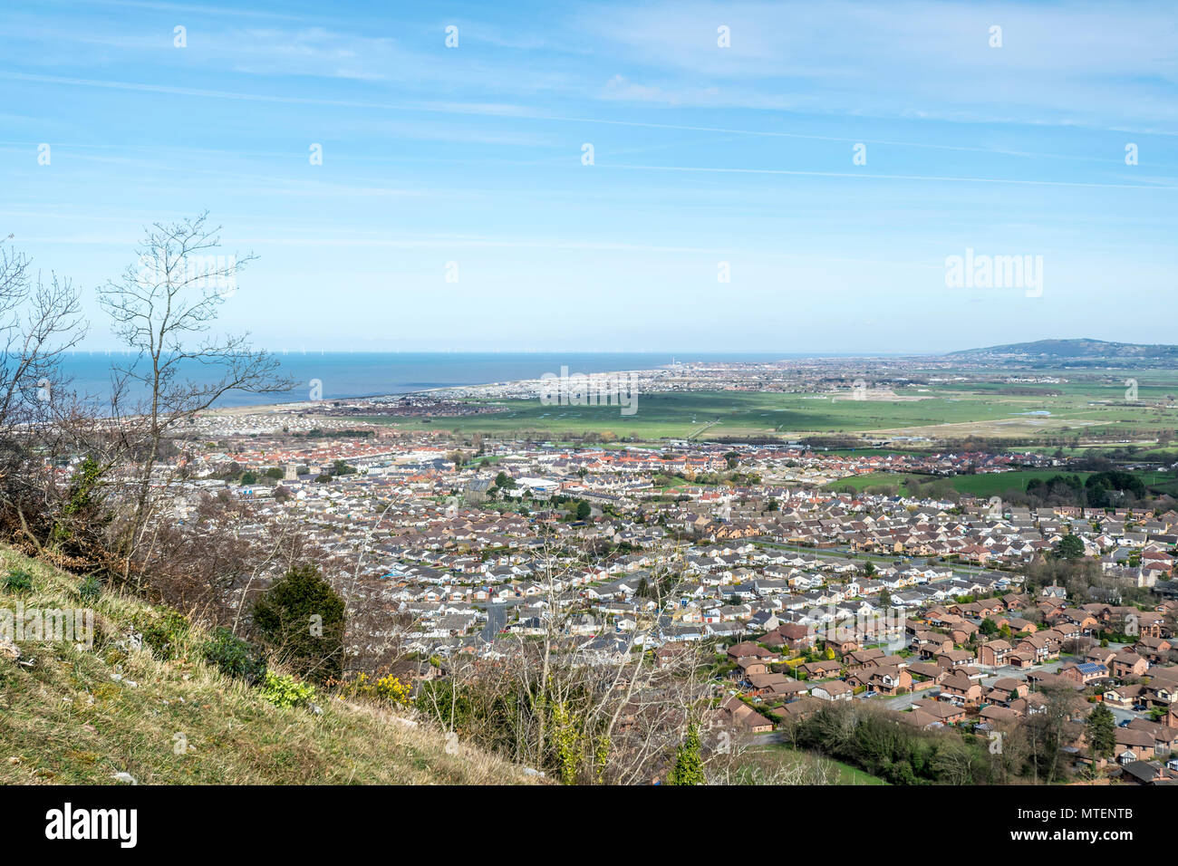 Abergele town viewed from Tan y gopa woods on the North Wales coast uk ...