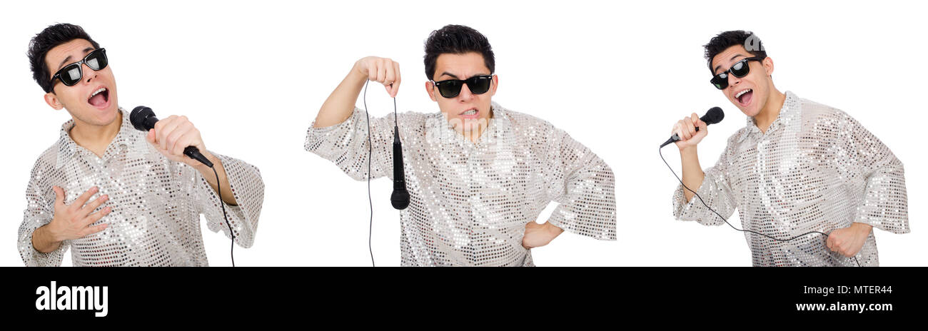 Man with mic isolated on white Stock Photo - Alamy