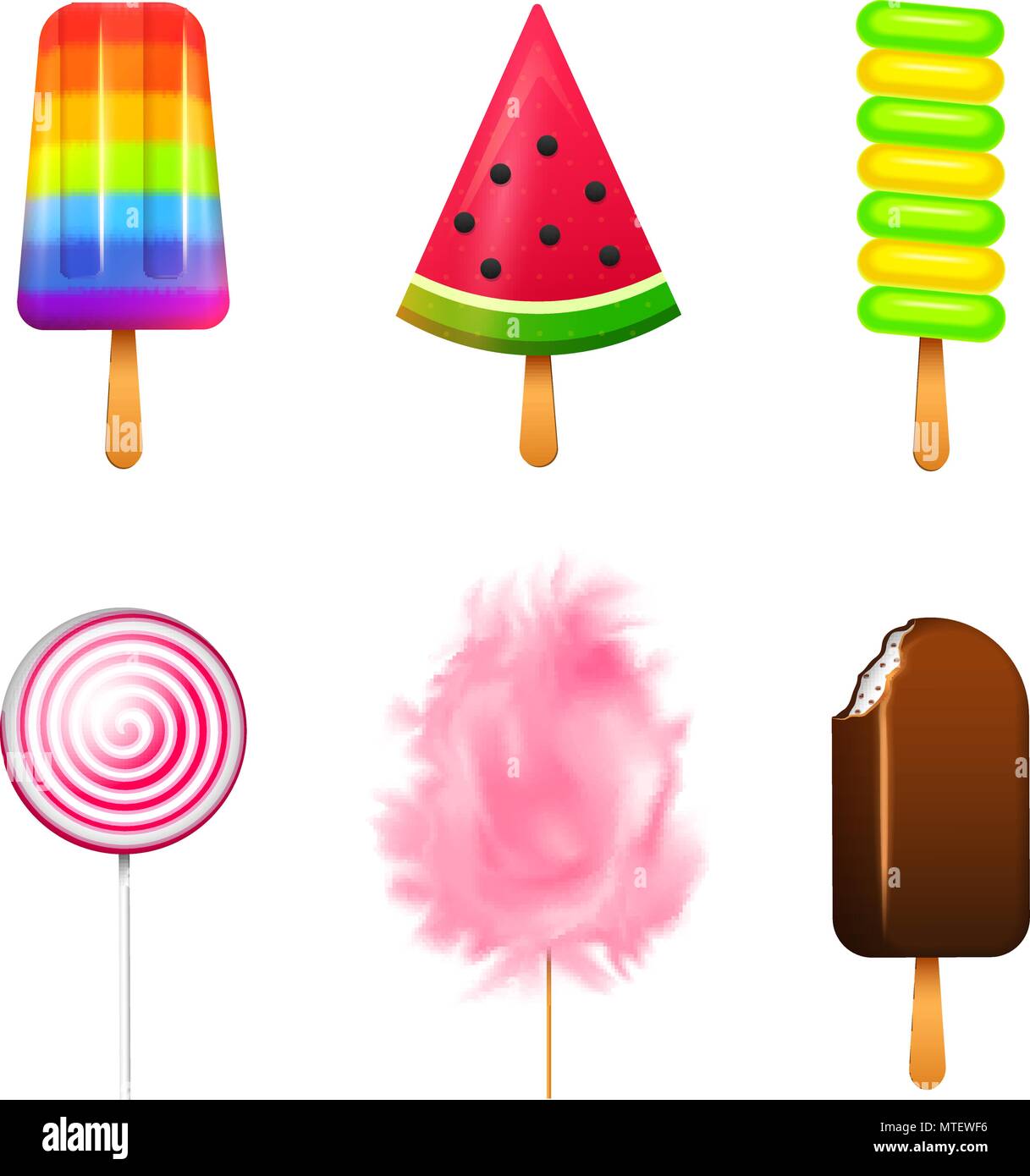 Realistic Sweet ice cream. Swirl caramel, circle lollipop, fruit jelly ...