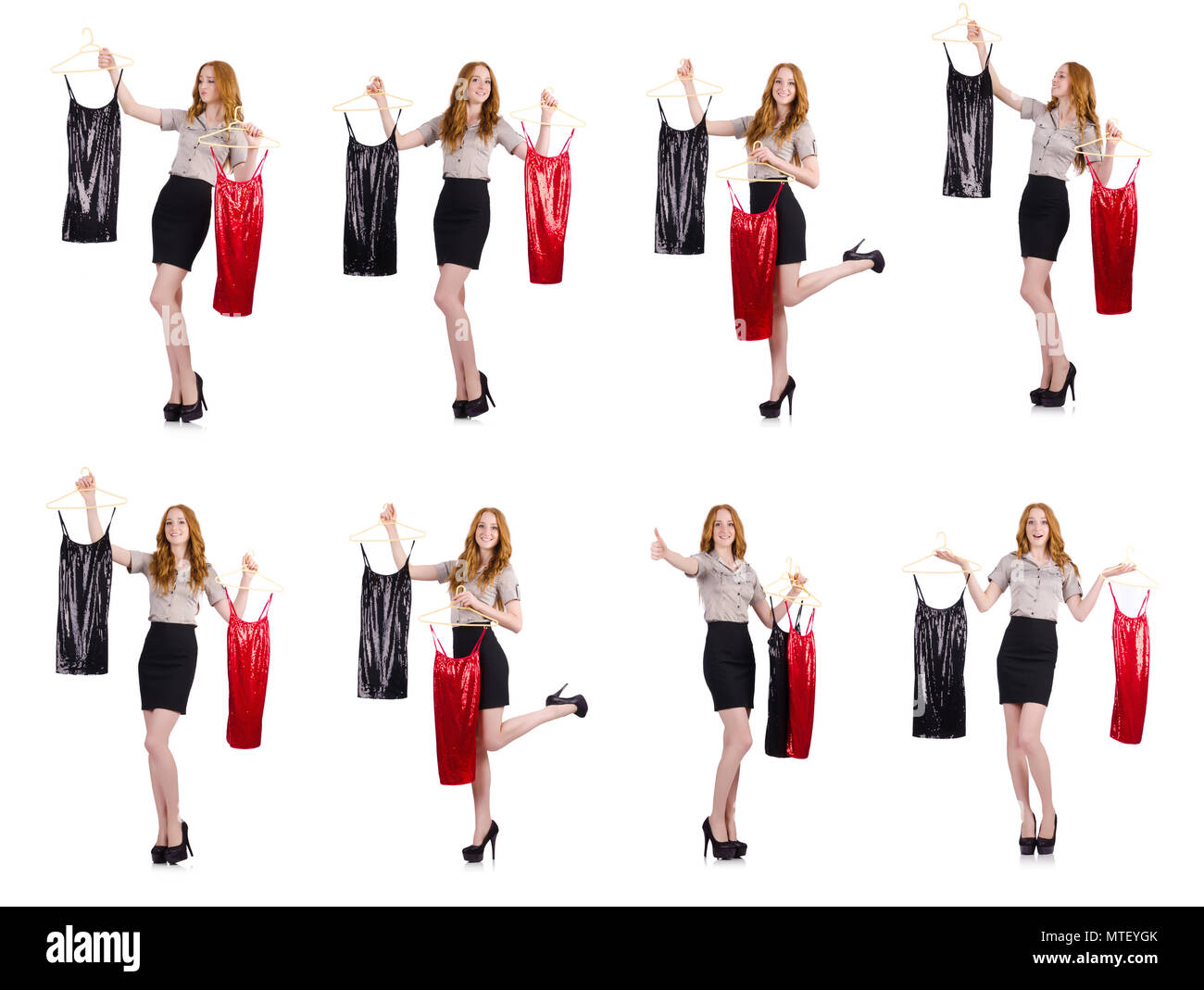Woman choosing the dress isolated on white Stock Photo - Alamy