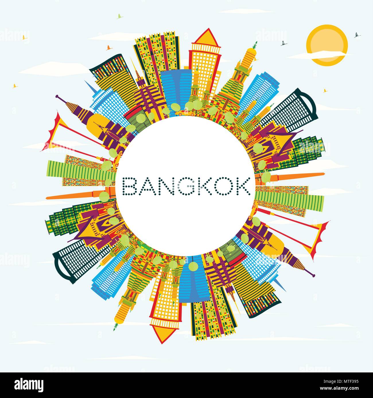 Bangkok Thailand Skyline with Color Landmarks, Blue Sky and Copy Space ...