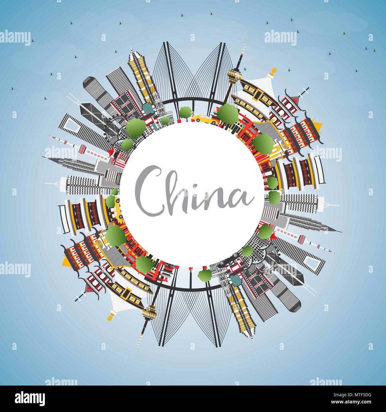 China City Skyline with Copy Space. Famous Landmarks in China. Vector ...
