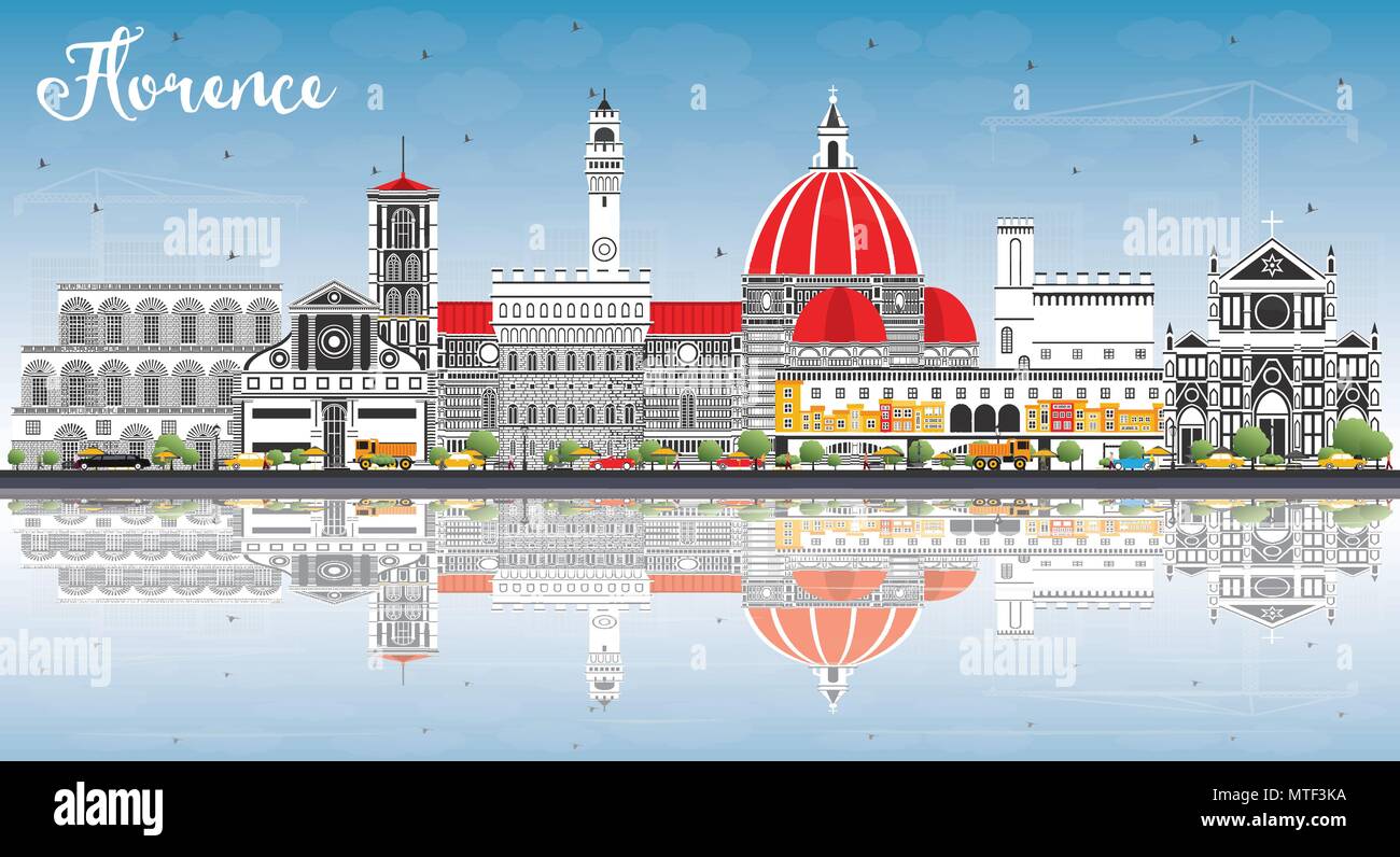 Florence Italy City Skyline with Color Buildings, Blue Sky and ...