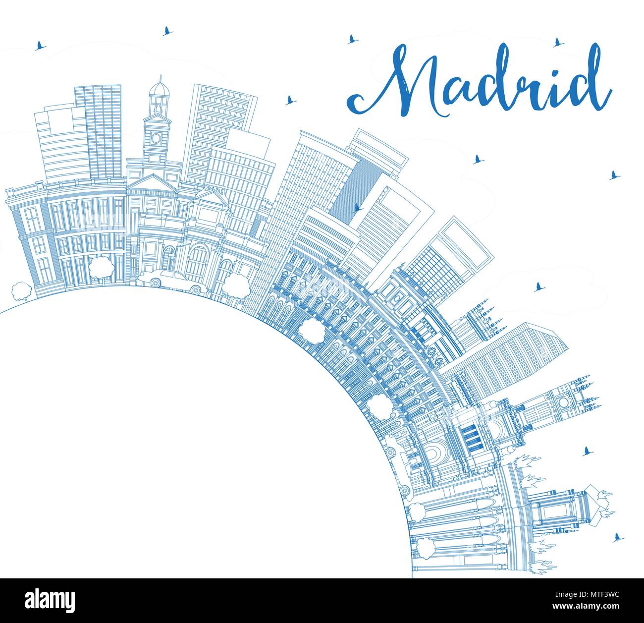Outline Madrid Spain City Skyline with Blue Buildings and Copy Space ...