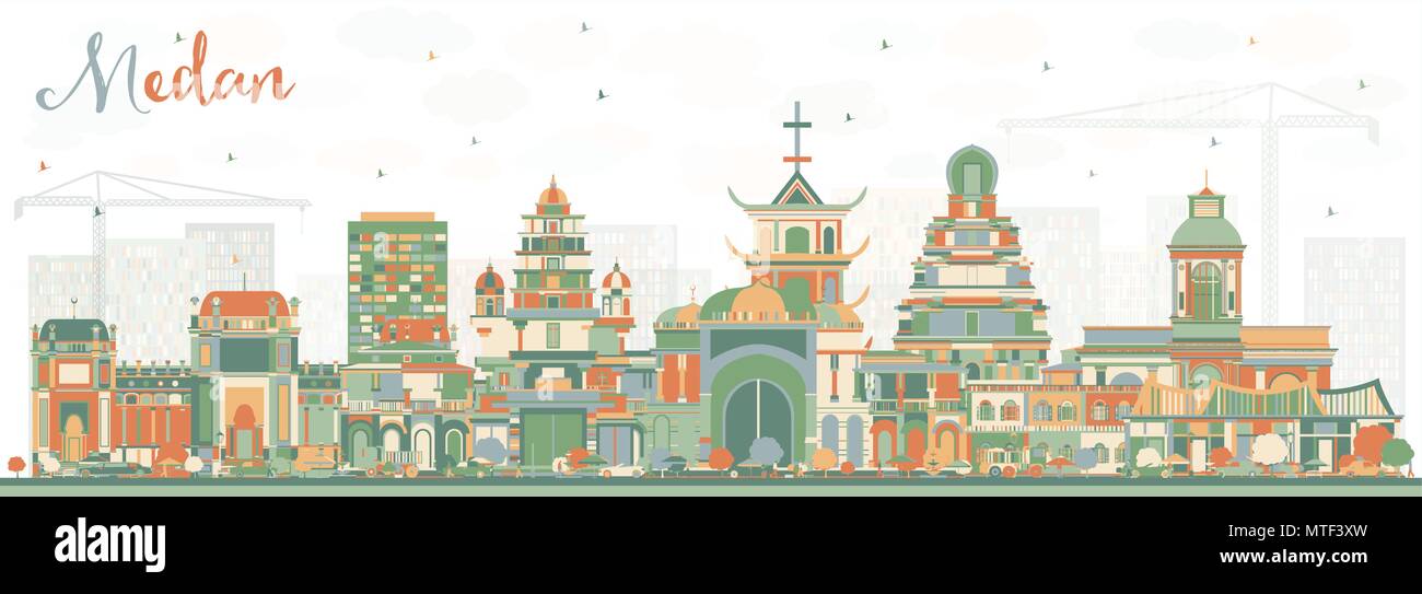 Medan Indonesia City Skyline with Color Buildings. Vector Illustration ...