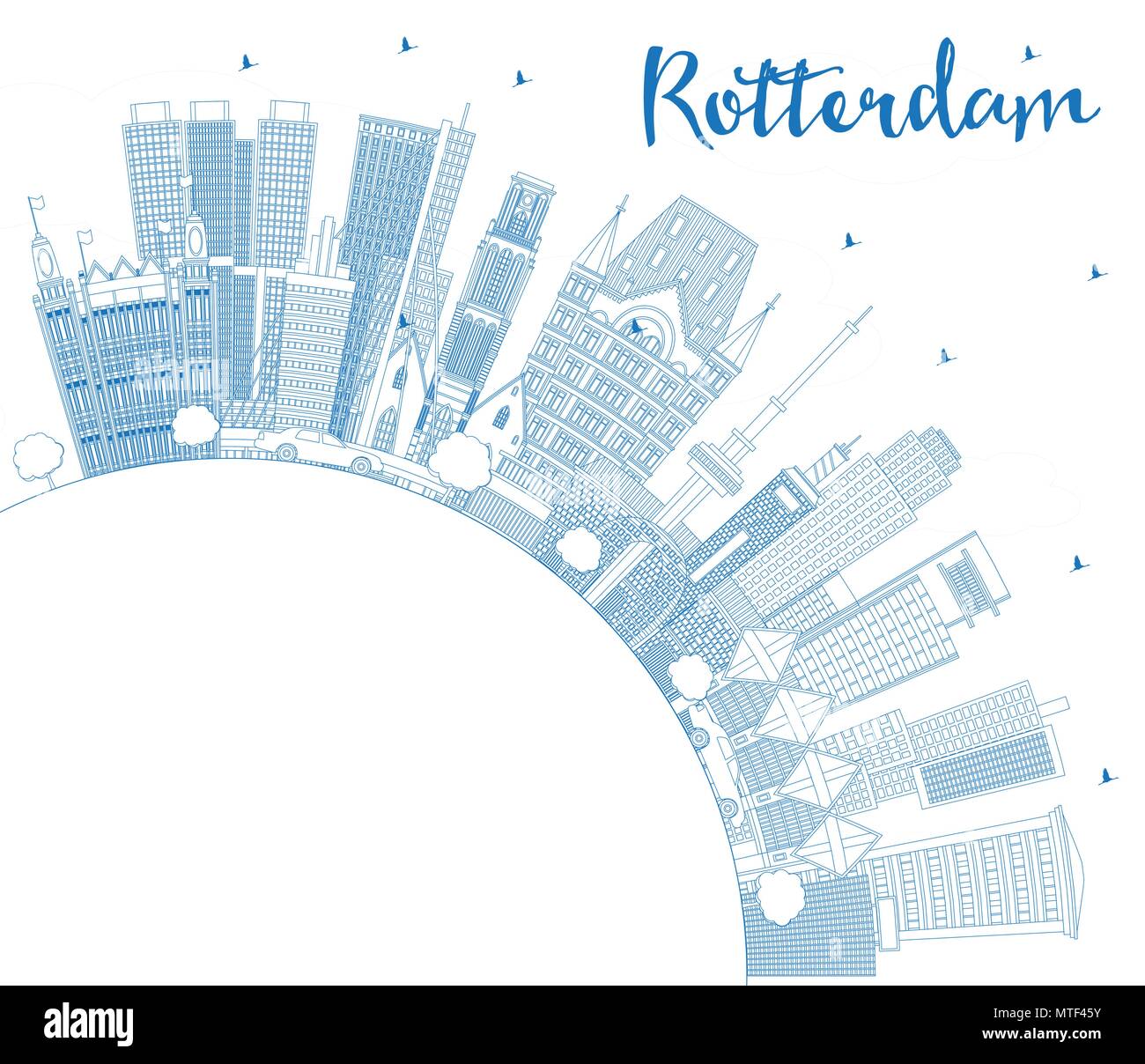 Outline Rotterdam Netherlands City Skyline with Blue Buildings and Copy ...