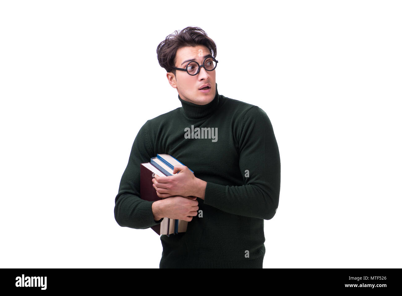 Nerd young student with books isolated on white Stock Photo - Alamy