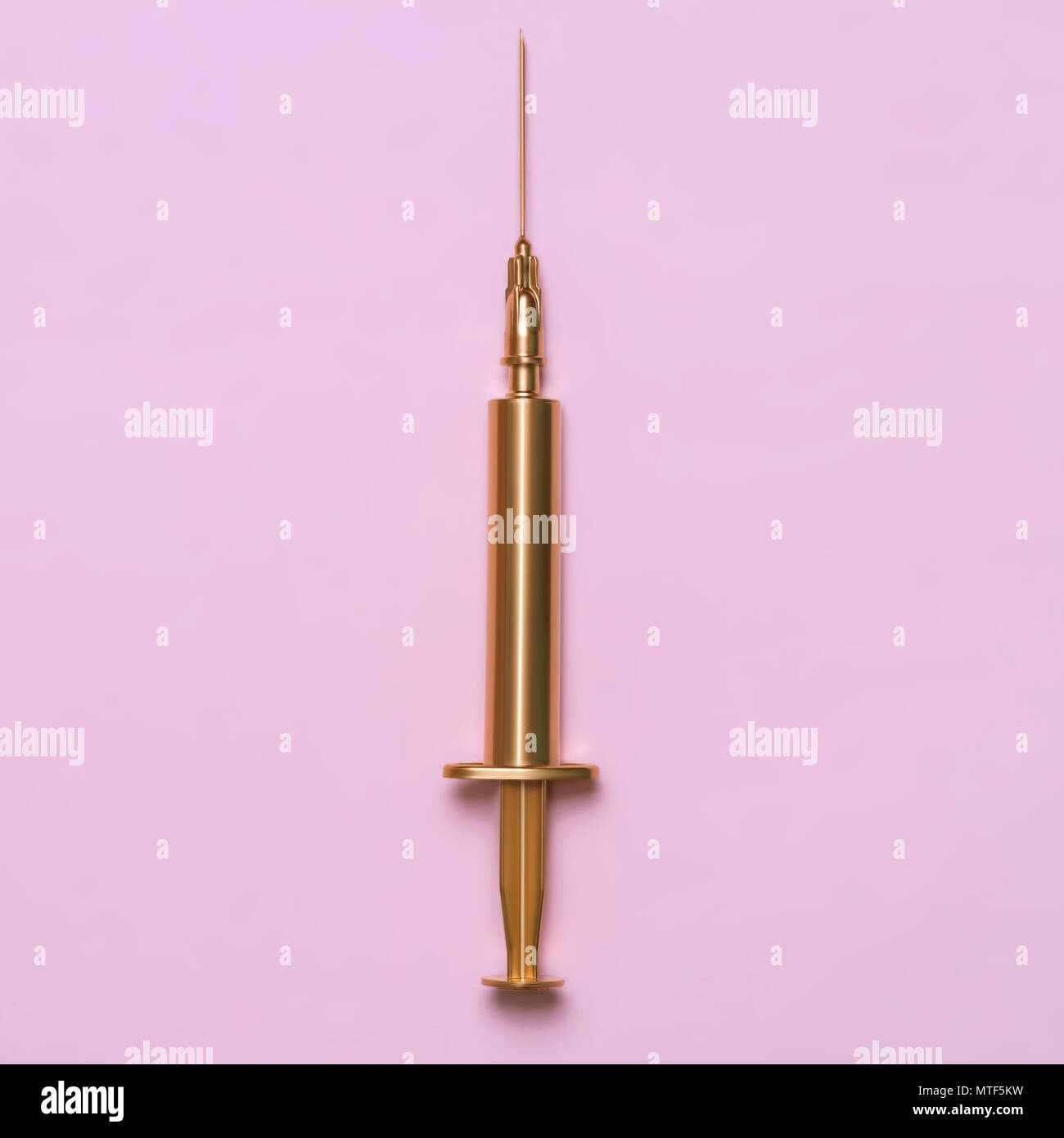 Golden syringe on a pink background. Medical item. Minimalism concept ...