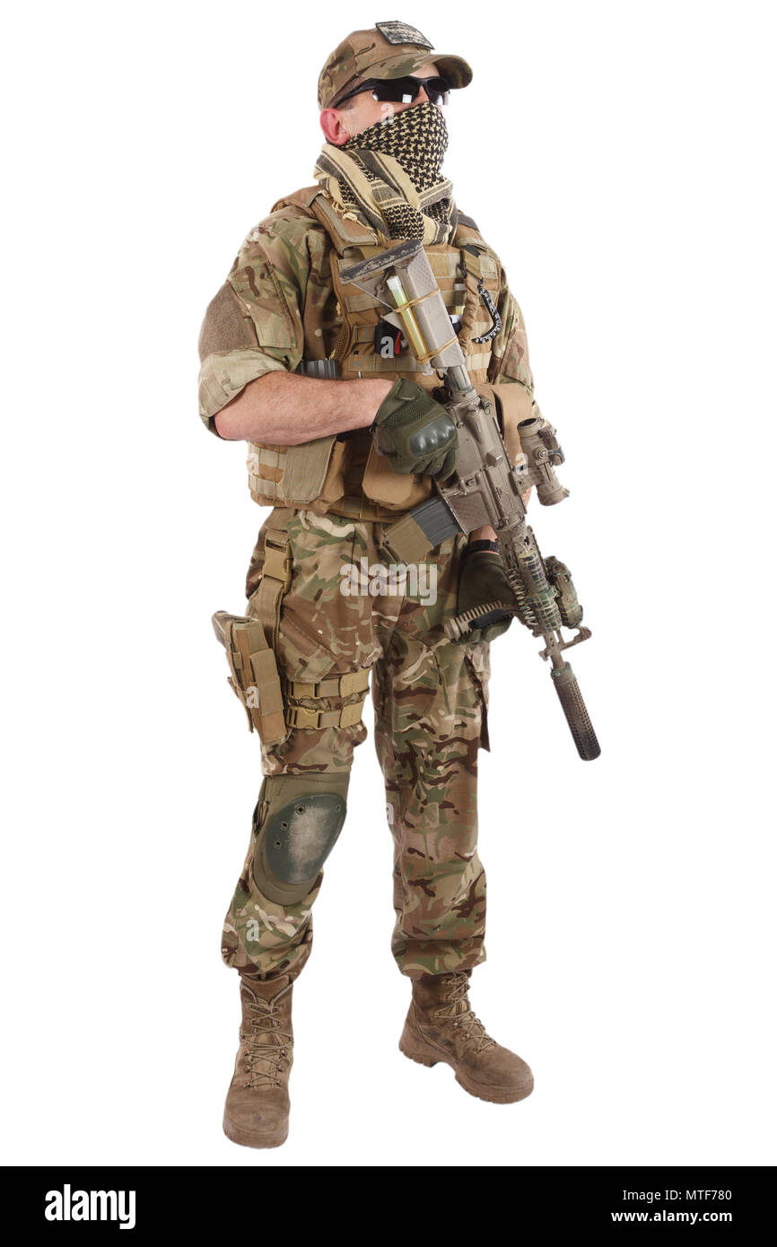 Private Military Company operator with assault rifle on white ...