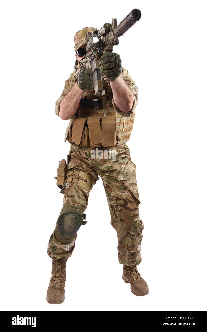 Private Military Company operator with assault rifle on white ...