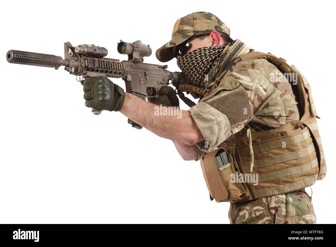 Private Military Company operator with assault rifle on white ...