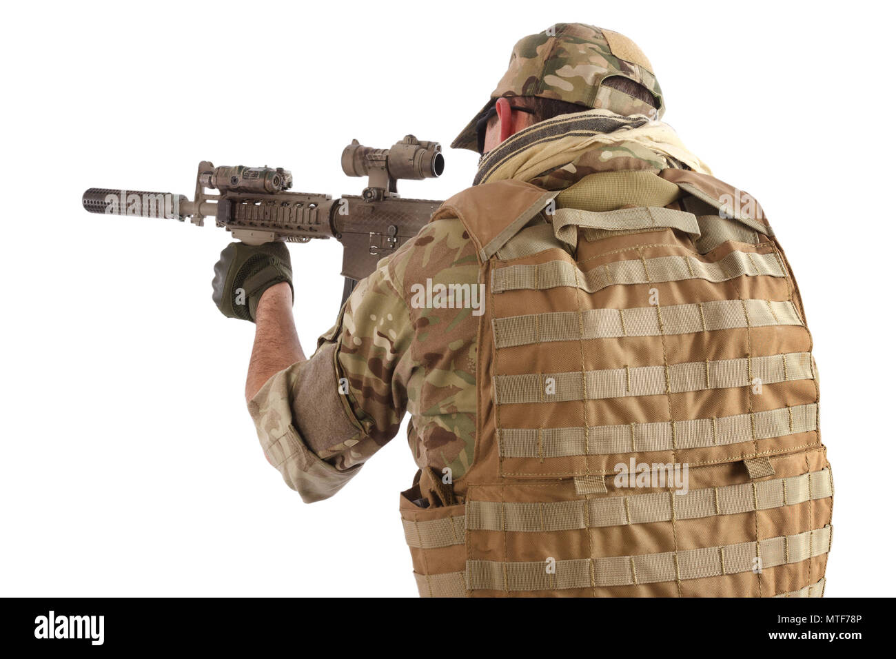 Private Military Company operator with assault rifle on white ...