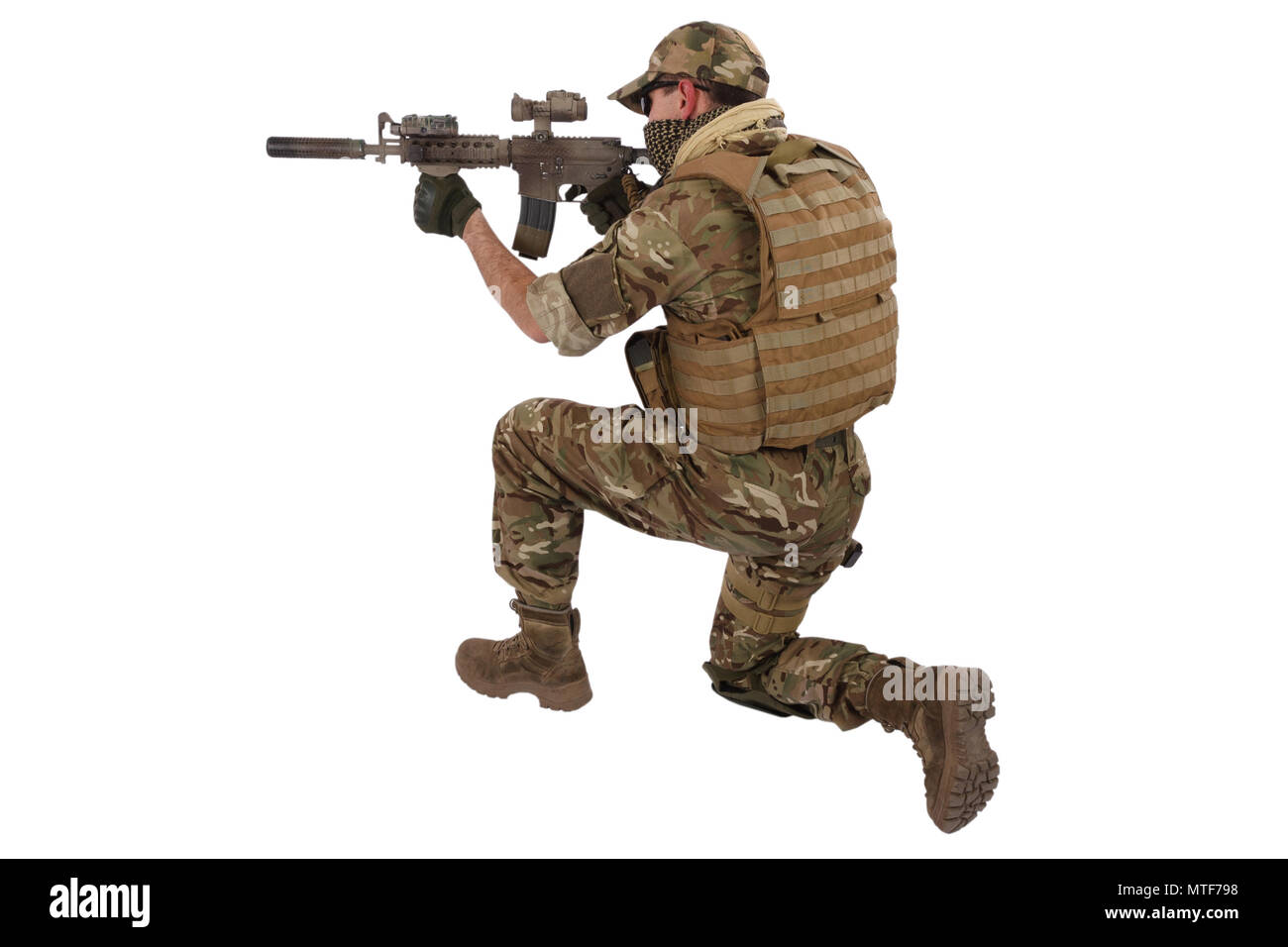 Private Military Company operator with assault rifle on white ...