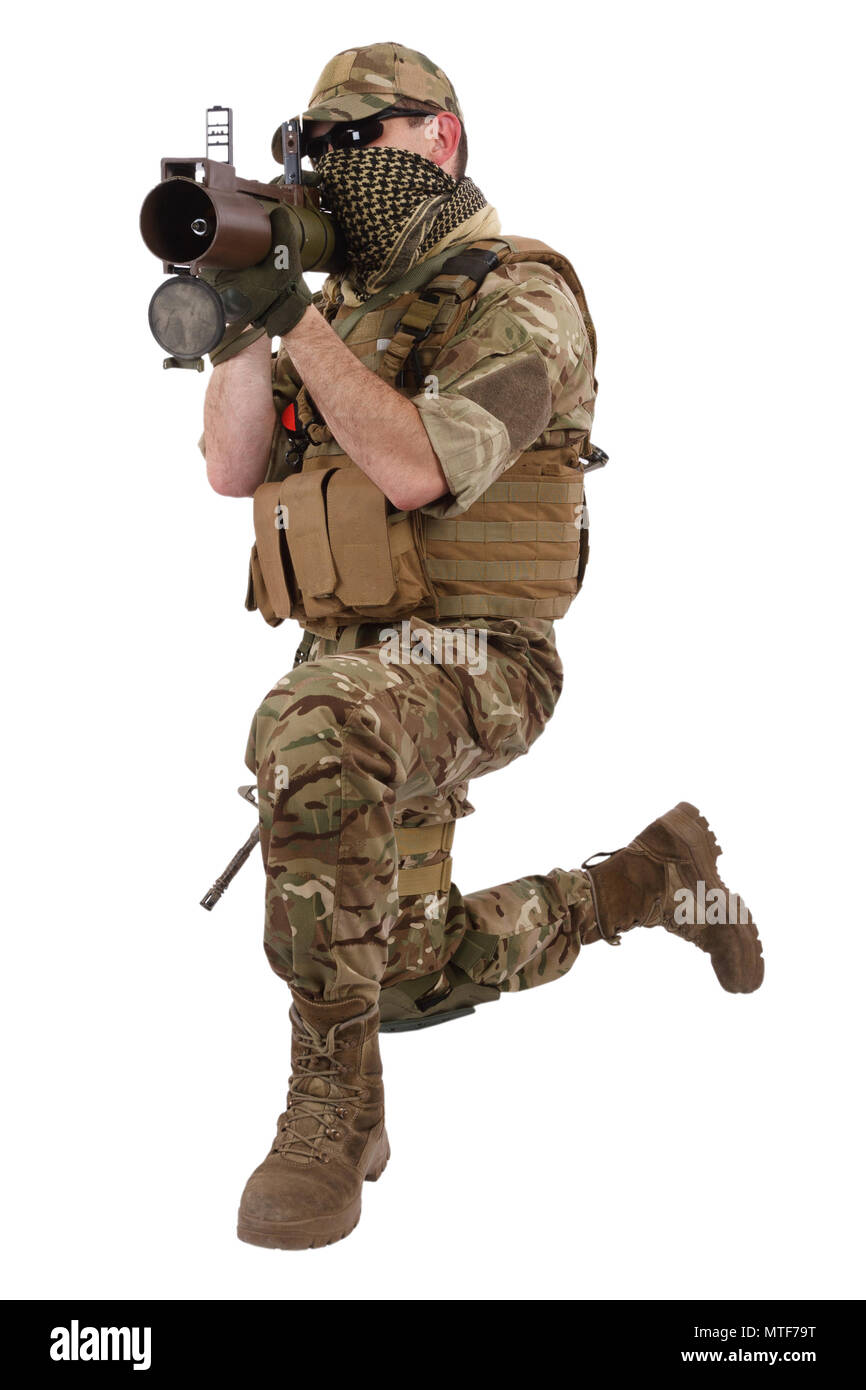 Private Military Company operator with RPG rocket launcher isolated on ...