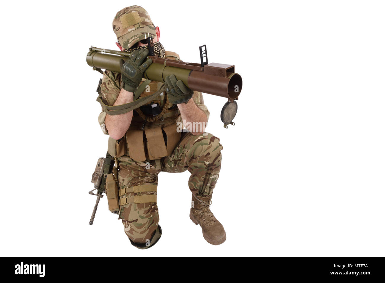 Private Military Company operator with RPG rocket launcher isolated on ...