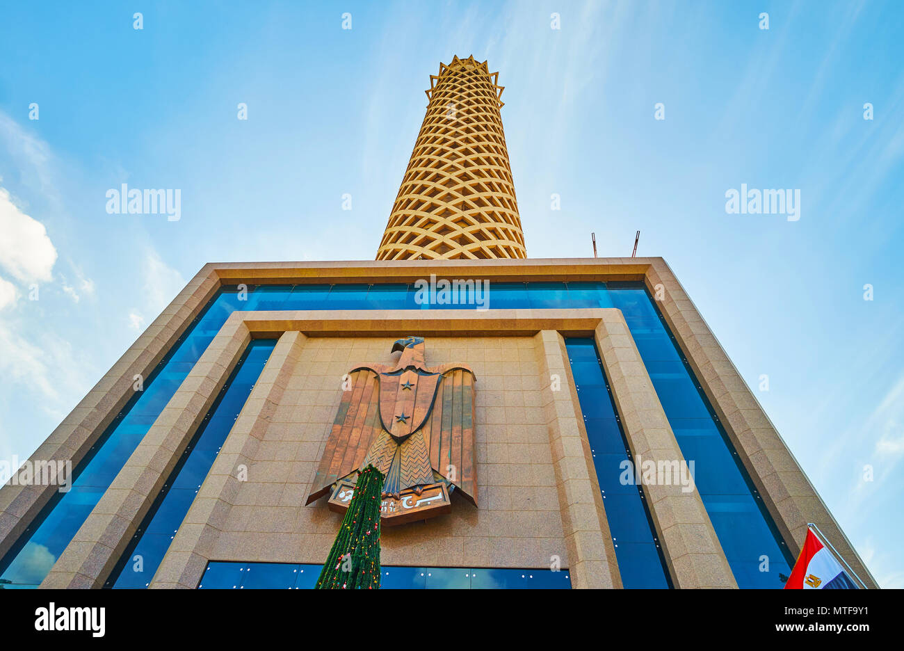 The facade wall above the entrance to Cairo Tower with sculpture of ...