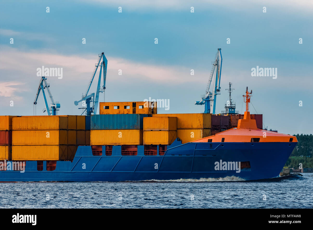 Blue container ship. Global logistics and merchandise transfer Stock ...
