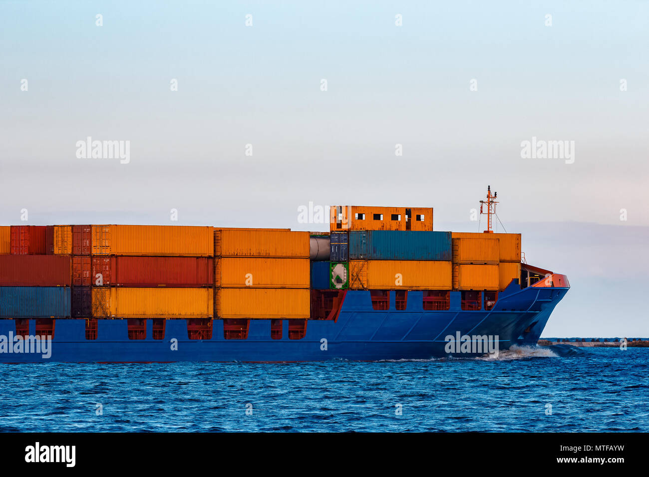 Blue container ship. Global logistics and merchandise transfer Stock ...
