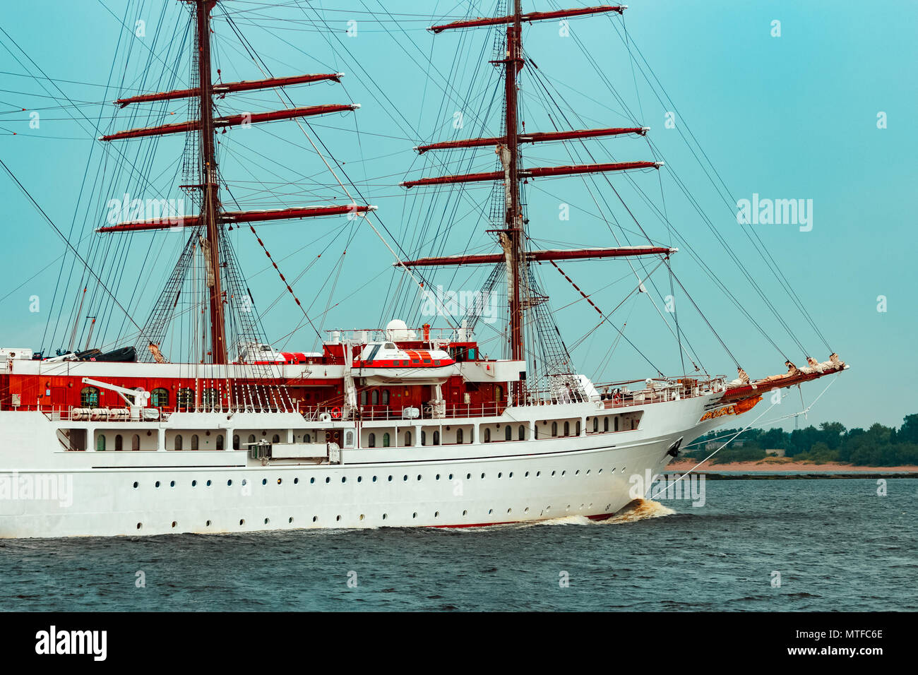 Big white sailing ship with three mast moving to the Riga port Stock ...