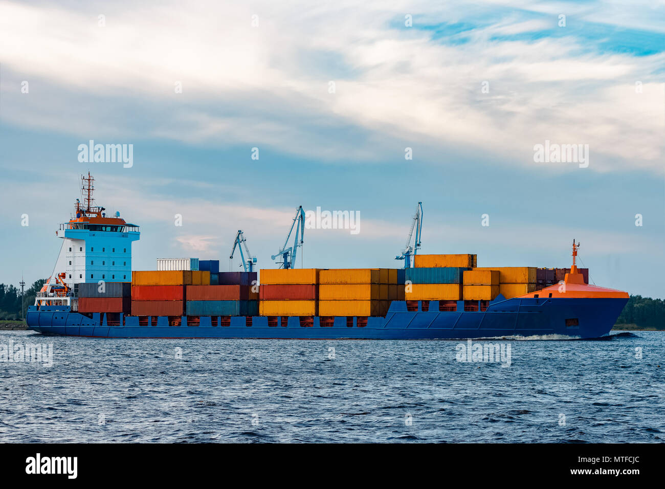 Blue container ship. Global logistics and merchandise transfer Stock ...