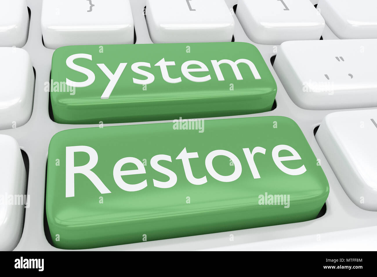 3D illustration of computer keyboard with the script System Restore on two adjacent green ...