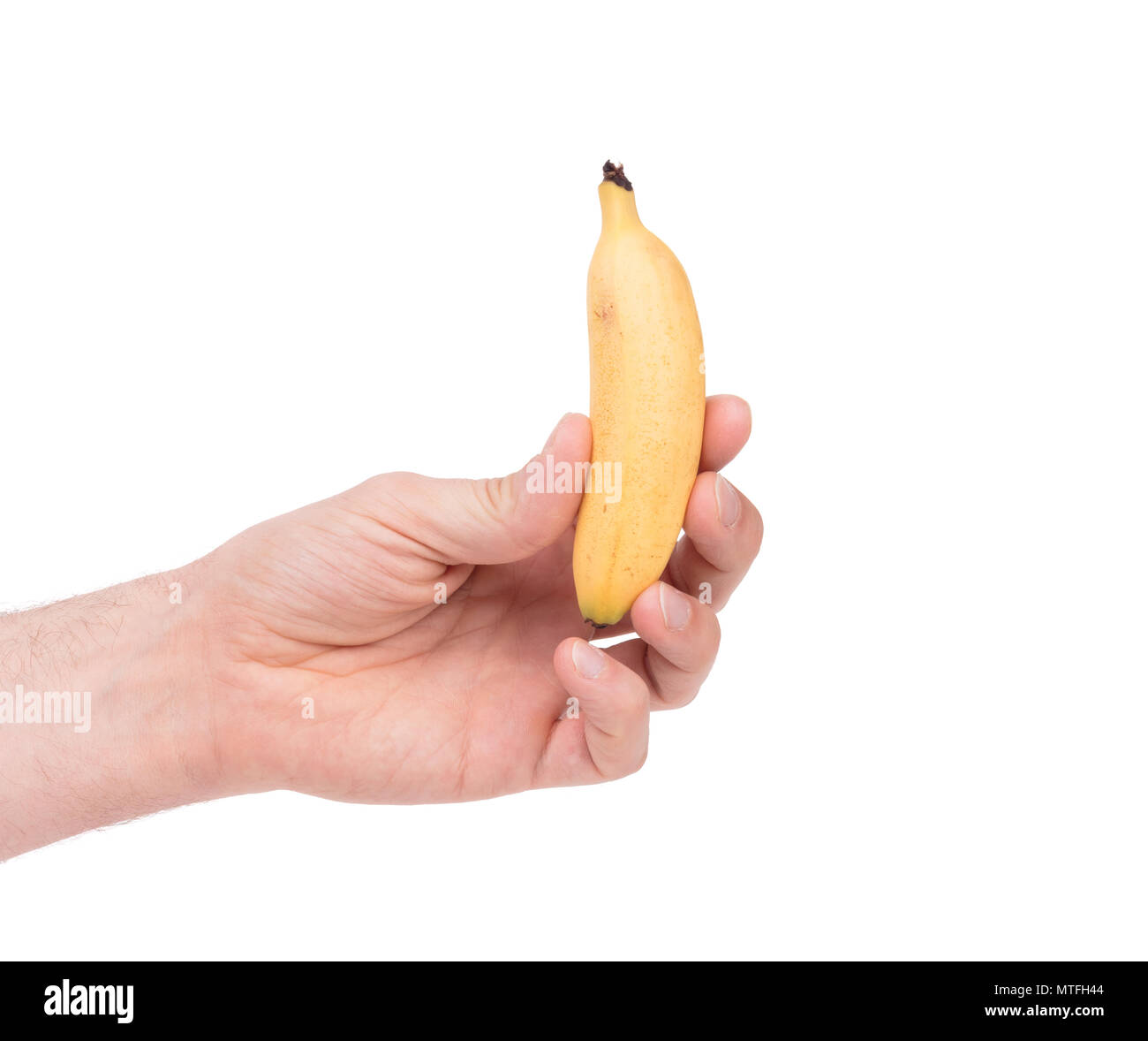 Small tropical banana in a hand, isolated on white Stock Photo - Alamy