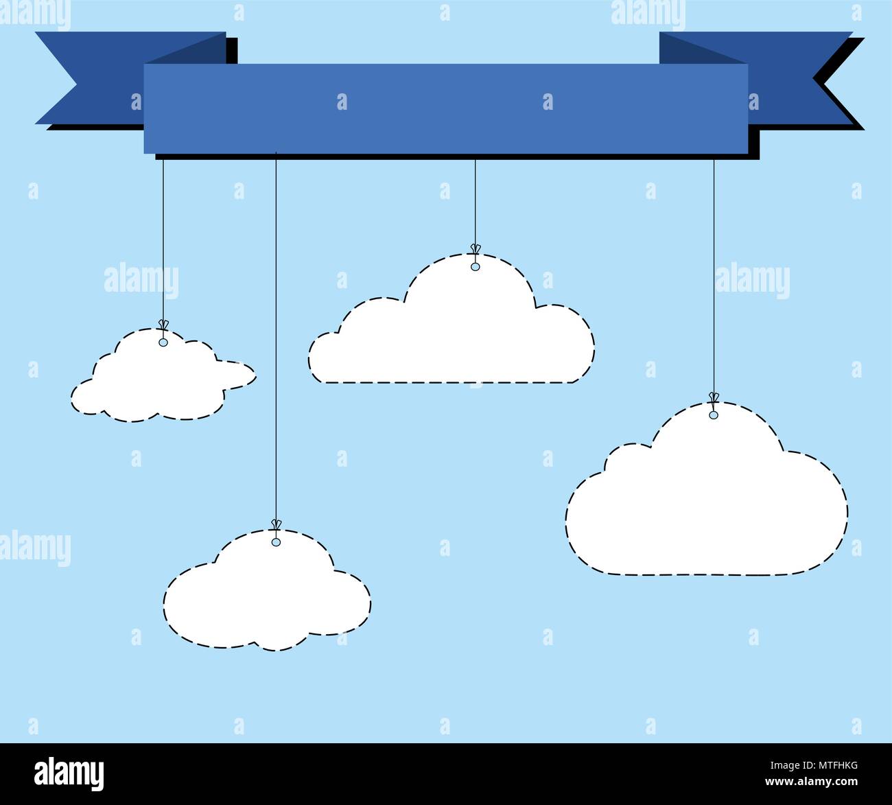 Cartoon style illustration of white clouds hanging from a banner on ...