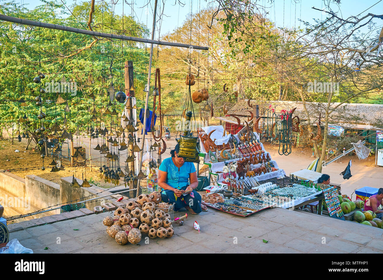 BAGAN, MYANMAR - FEBRUARY 24, 2018: Small souvenir market at Shwegu Gyi ...