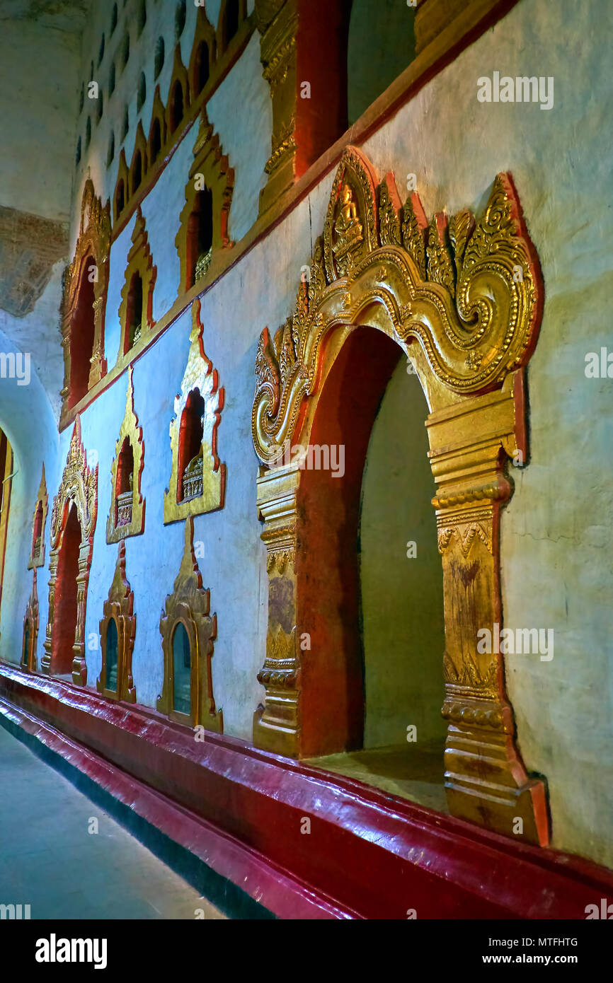 BAGAN, MYANMAR - FEBRUARY 24, 2018: Interior of Ananda Temple with ...