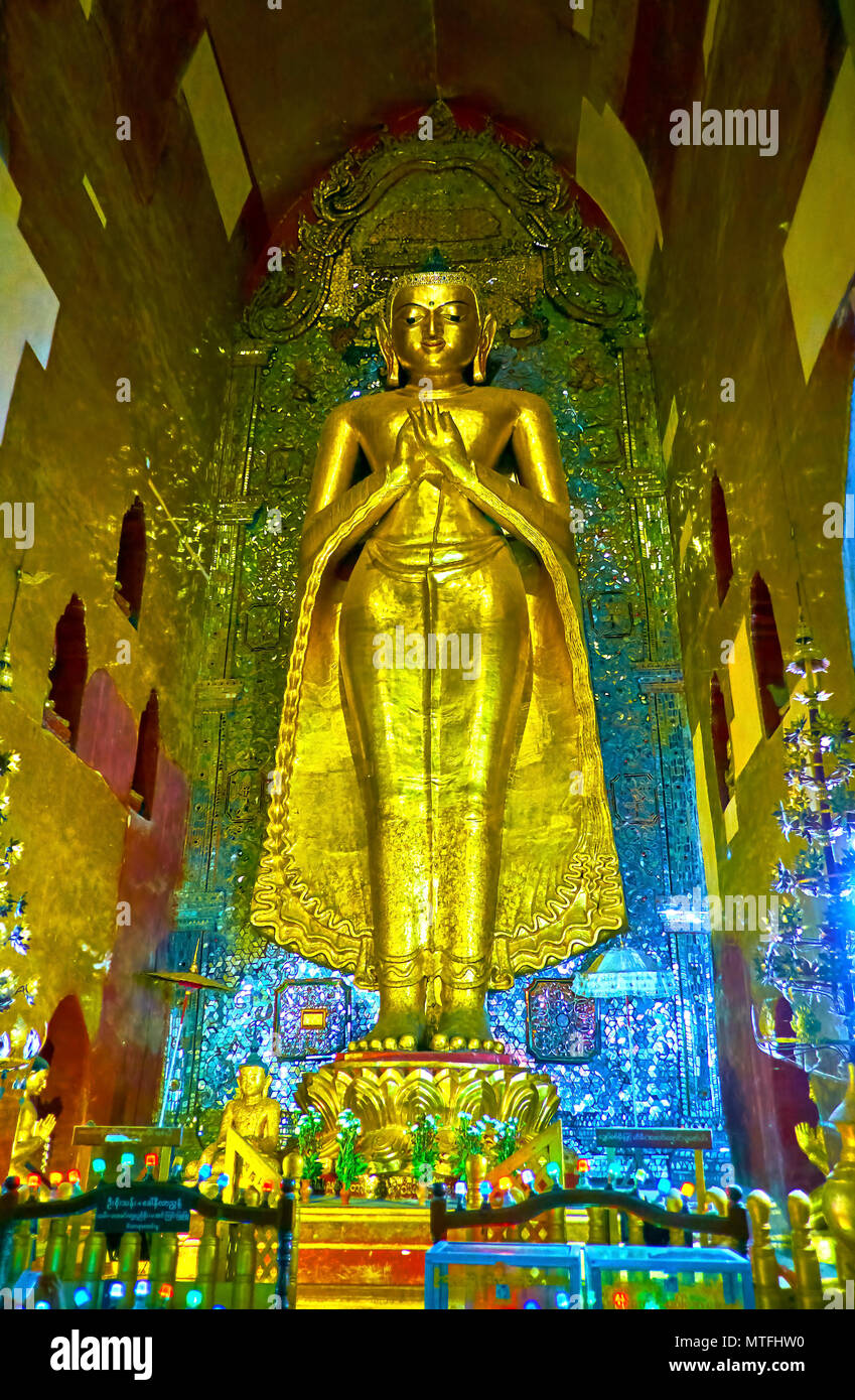 BAGAN, MYANMAR - FEBRUARY 24, 2018: Interior of Ananda Shrine with high ...