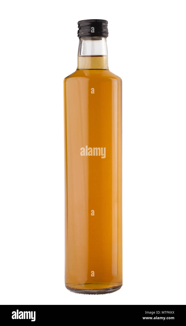 front view closeup of light brown oil or vinegar small bottle with ...