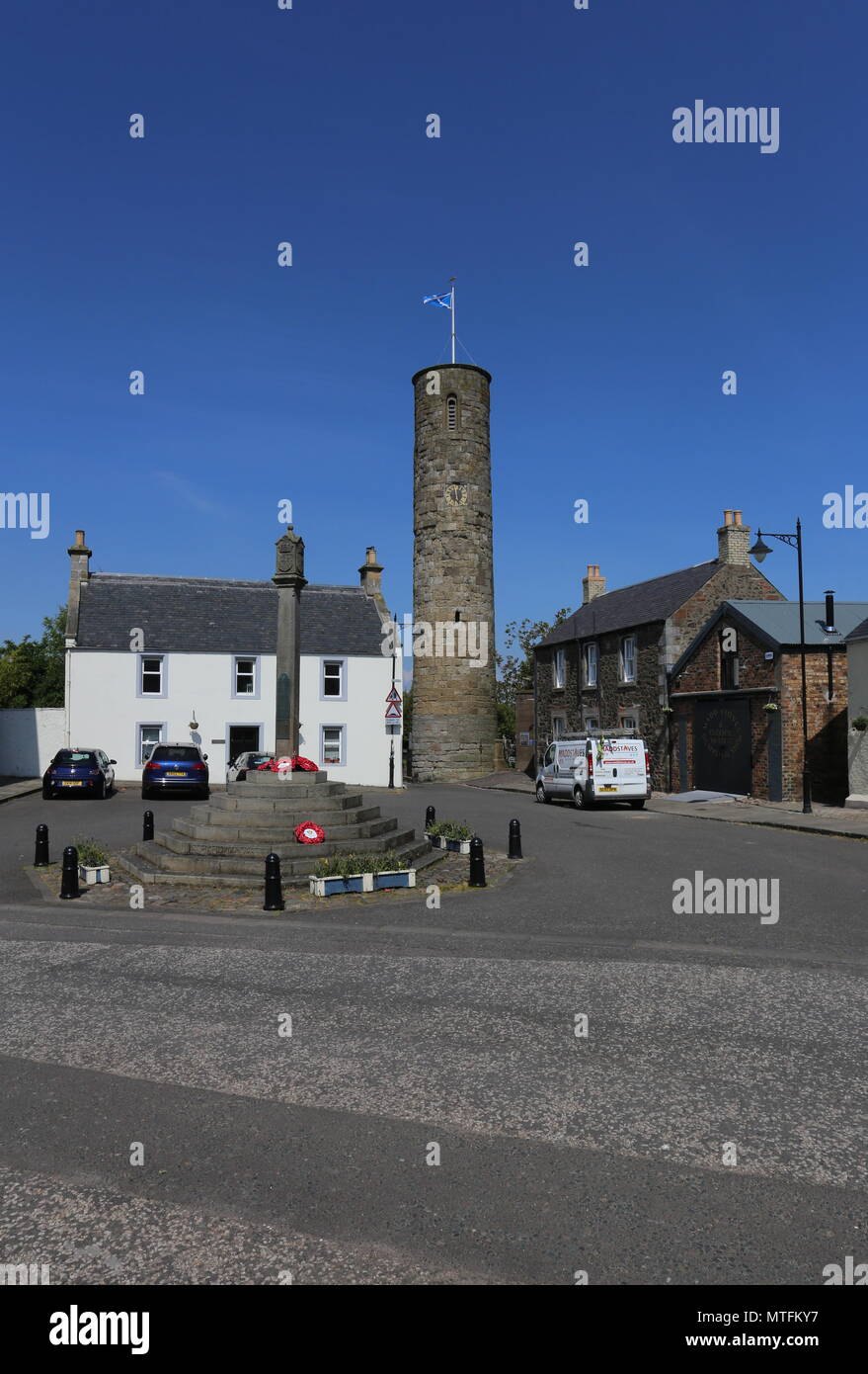 War memorial and round tower Abernethy Scotland May 2018 Stock Photo ...