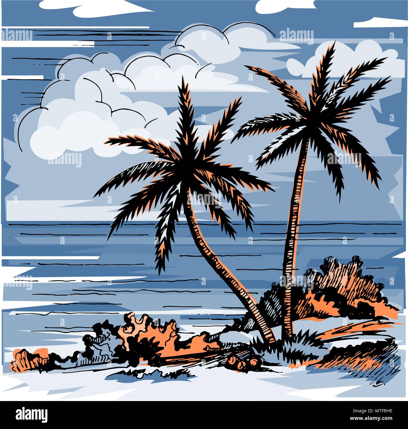 Tropical Beach Pencil Drawing