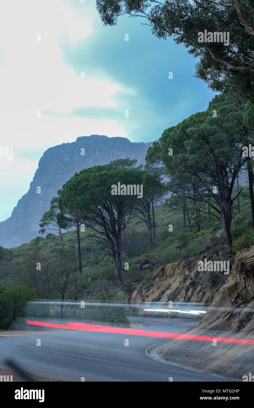 Road up to table top mountain national park at dusk, cape town, garden ...