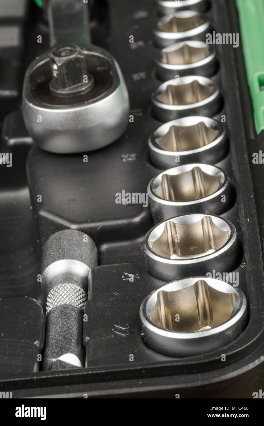 Assorted ratchet sockets inside a toolbox Stock Photo - Alamy