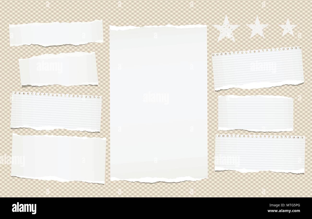 White lined torn note, notebook paper pieces for text stuck on brown ...