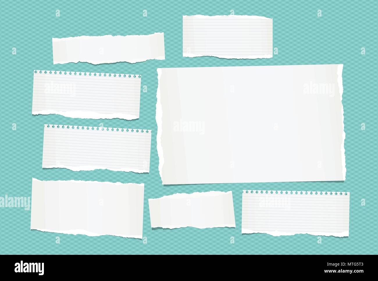 White lined torn note, notebook paper pieces for text stuck on ...