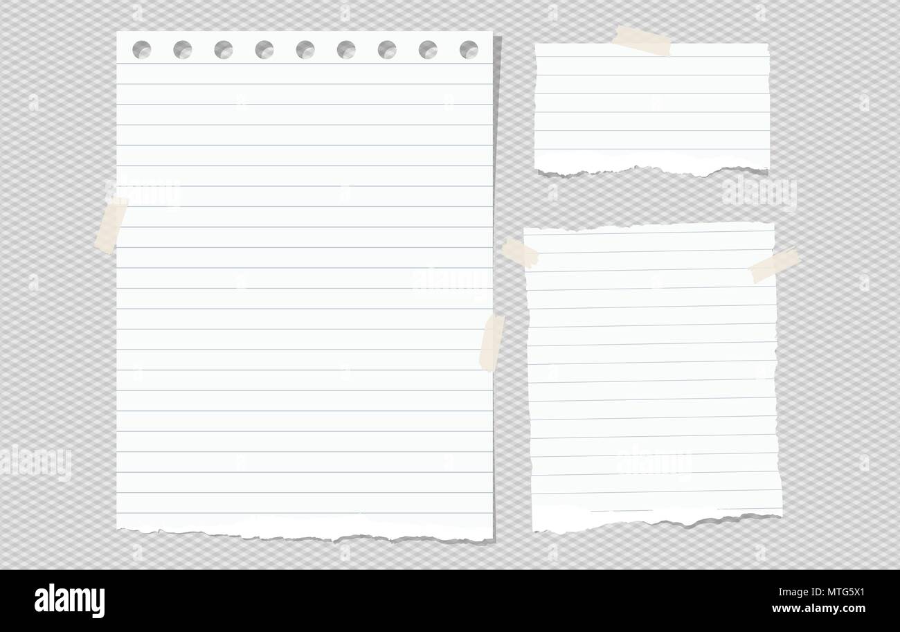 White lined torn note, notebook paper pieces for text stuck on gray ...