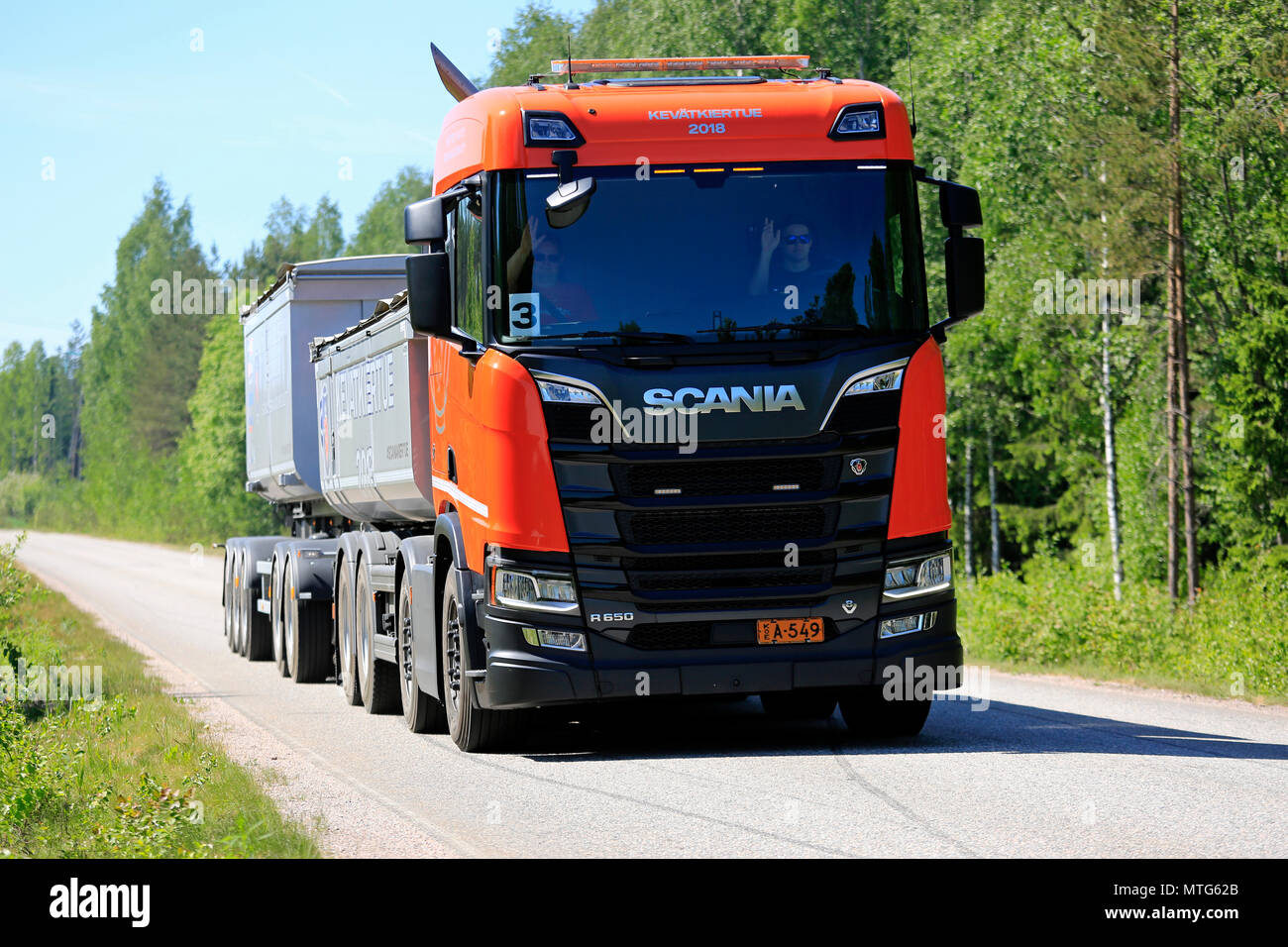 Orange Next Generation Scania R650 gravel truck combination test driven ...