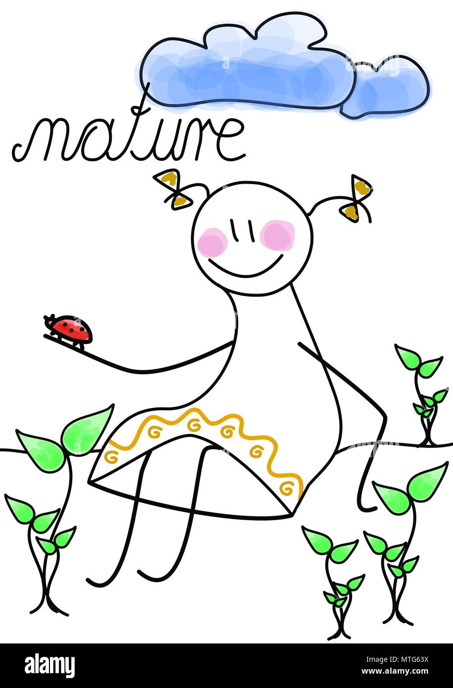 A stick figure girl is sitting on meadow with a ladybug in her hand ...