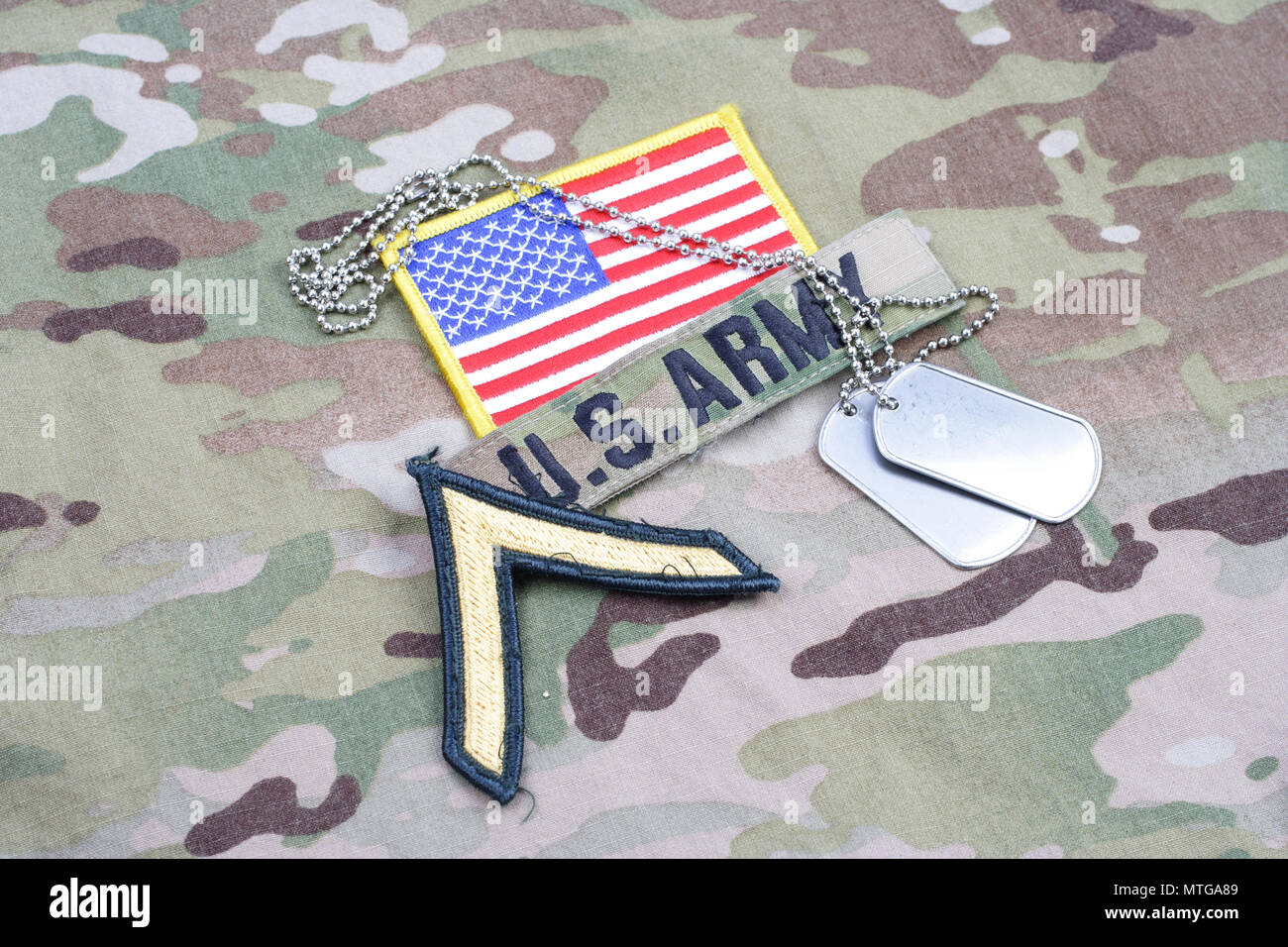 KIEV, UKRAINE - September 5, 2015. US ARMY Private rank patch, flag ...