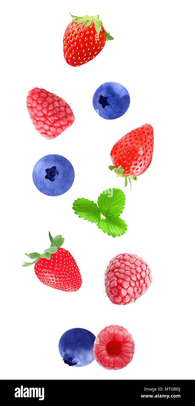 Isolated flying berry fruits. Falling strawberry, blueberry and ...