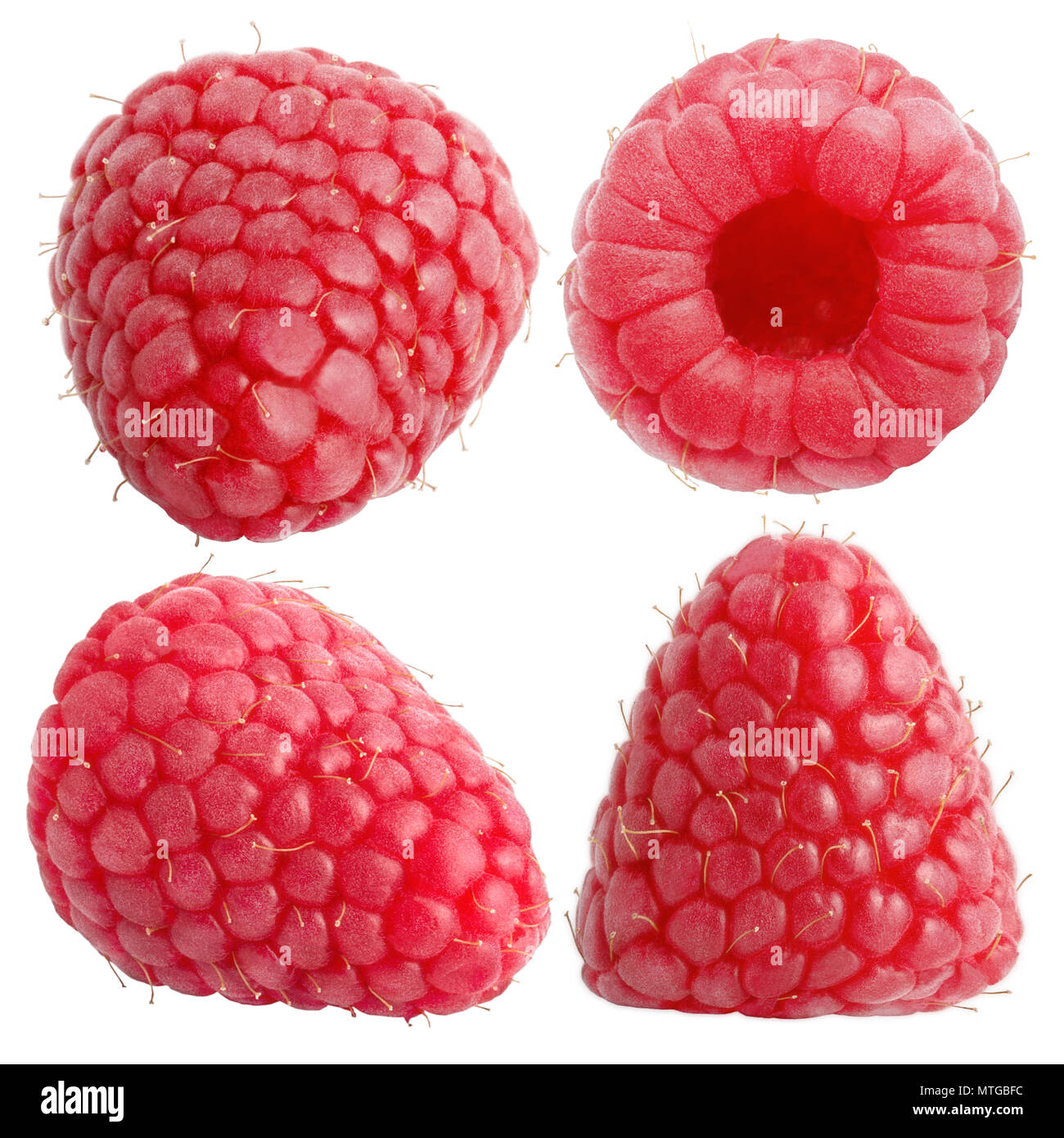 Isolated berries. Set of four whole raspberry fruits isolated on white ...