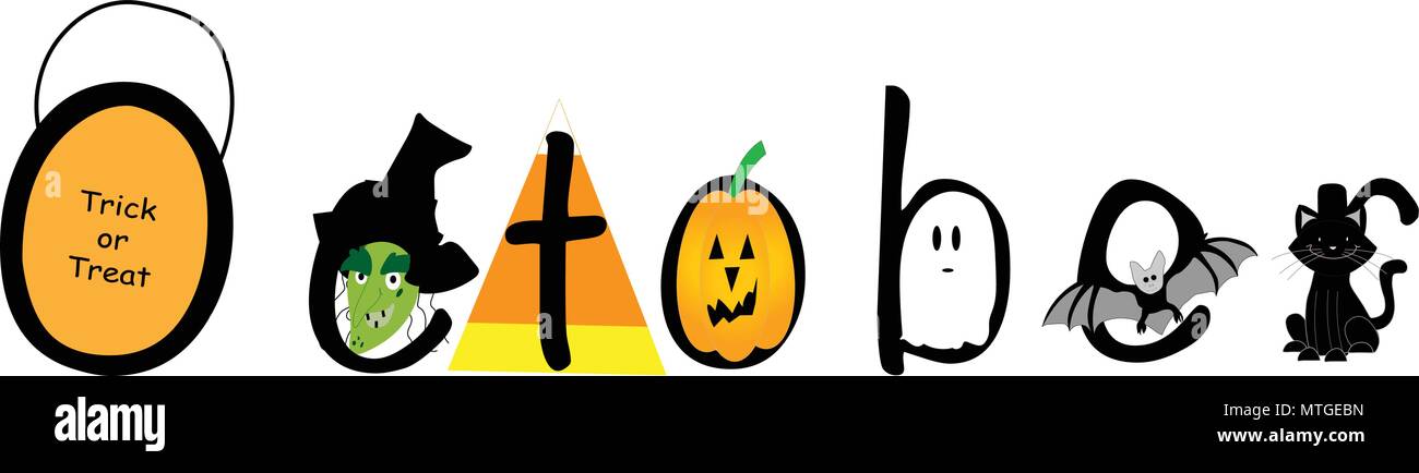 October illustrated with Halloween witch, jack o'lantern, candy corn ...