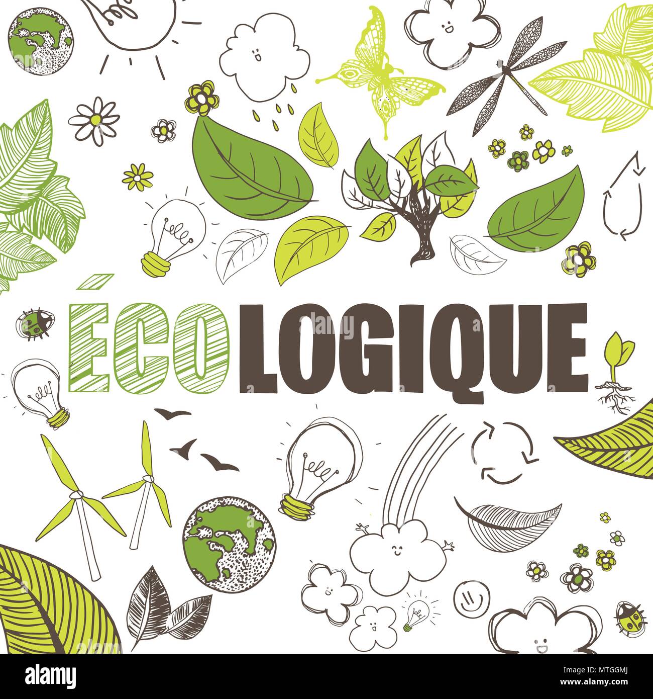 french ecologic green illustrations doodles vector background Stock ...