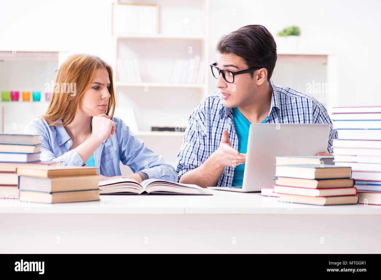 Distance online study learning concept with two students Stock Photo ...