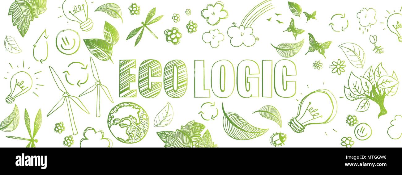 Green ecologic doodles full vector large banner Stock Vector Image ...