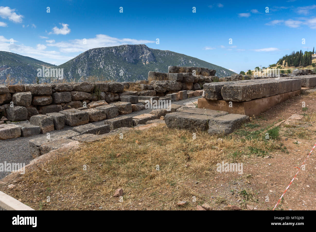 Panorama and Ruins of Ancient Greek archaeological site of Delphi ...